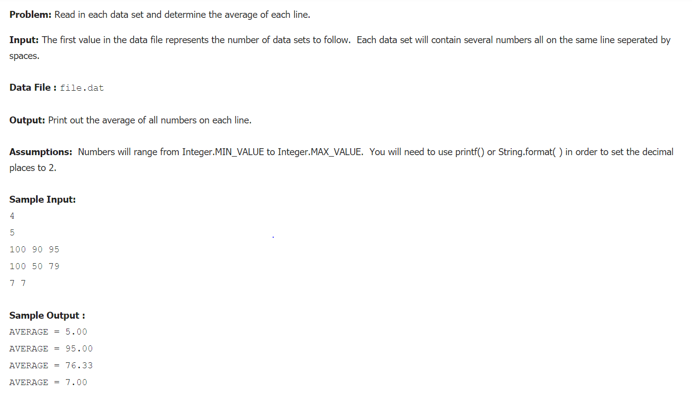 Solved Problem: Read in each data set and determine the | Chegg.com