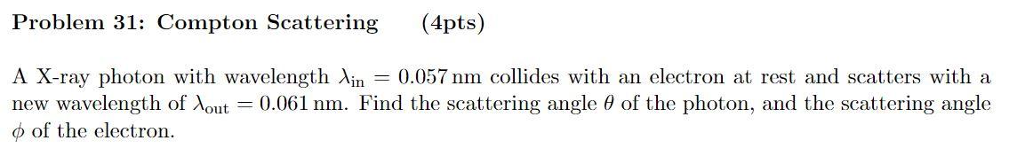 Solved Problem 31: Compton Scattering (4pts) A X-ray photon | Chegg.com