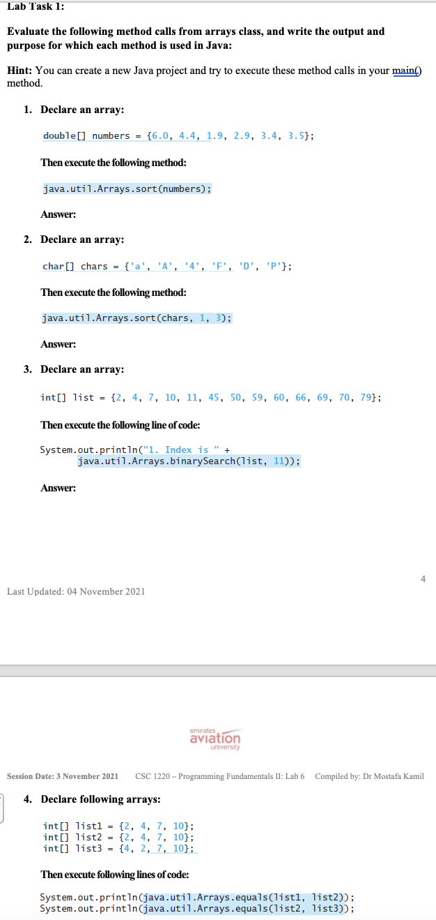 Solved Lab Task 1: Evaluate the following method calls from | Chegg.com