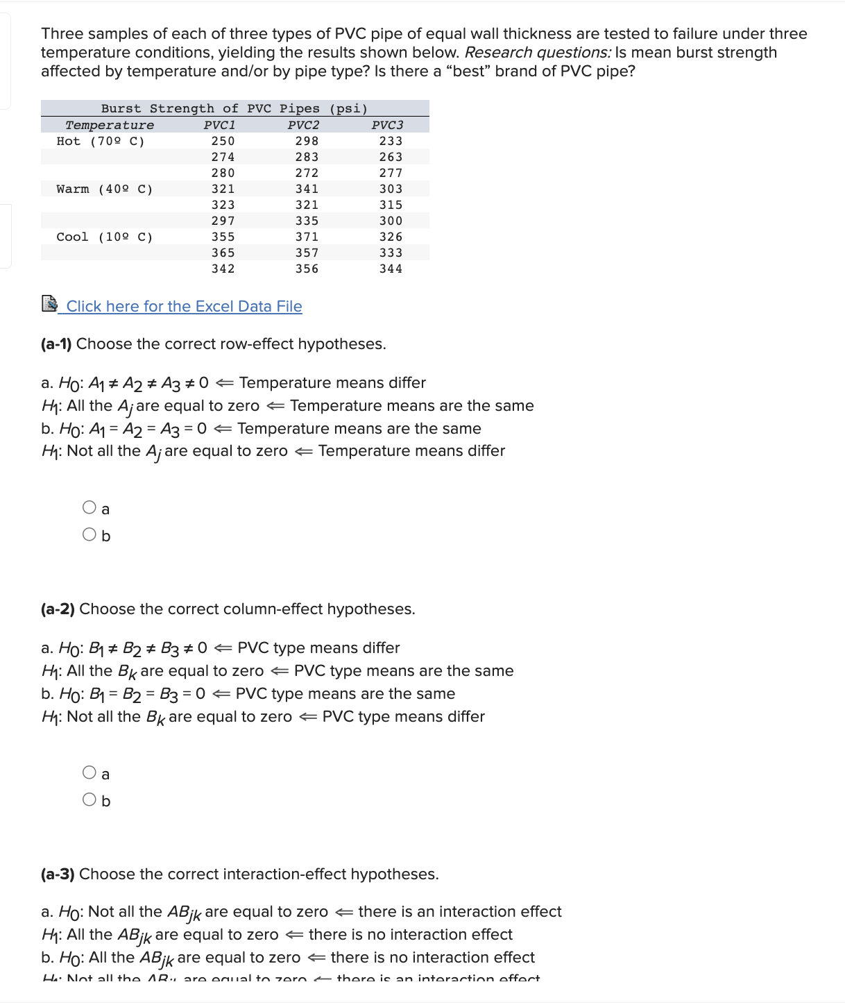 Solved Three samples of each of three types of PVC pipe of | Chegg.com