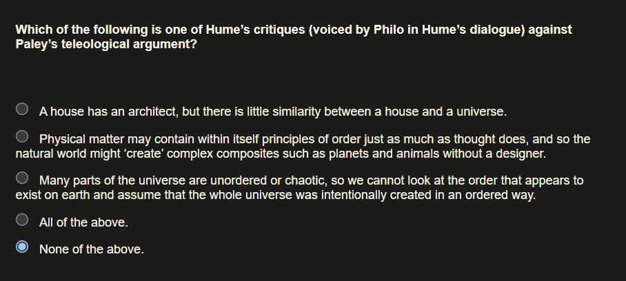 Which of the following is one of Hume's critiques | Chegg.com