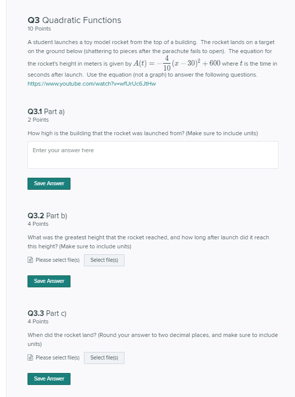 Solved Q3 Quadratic Functions 10 Points A student launches a | Chegg.com