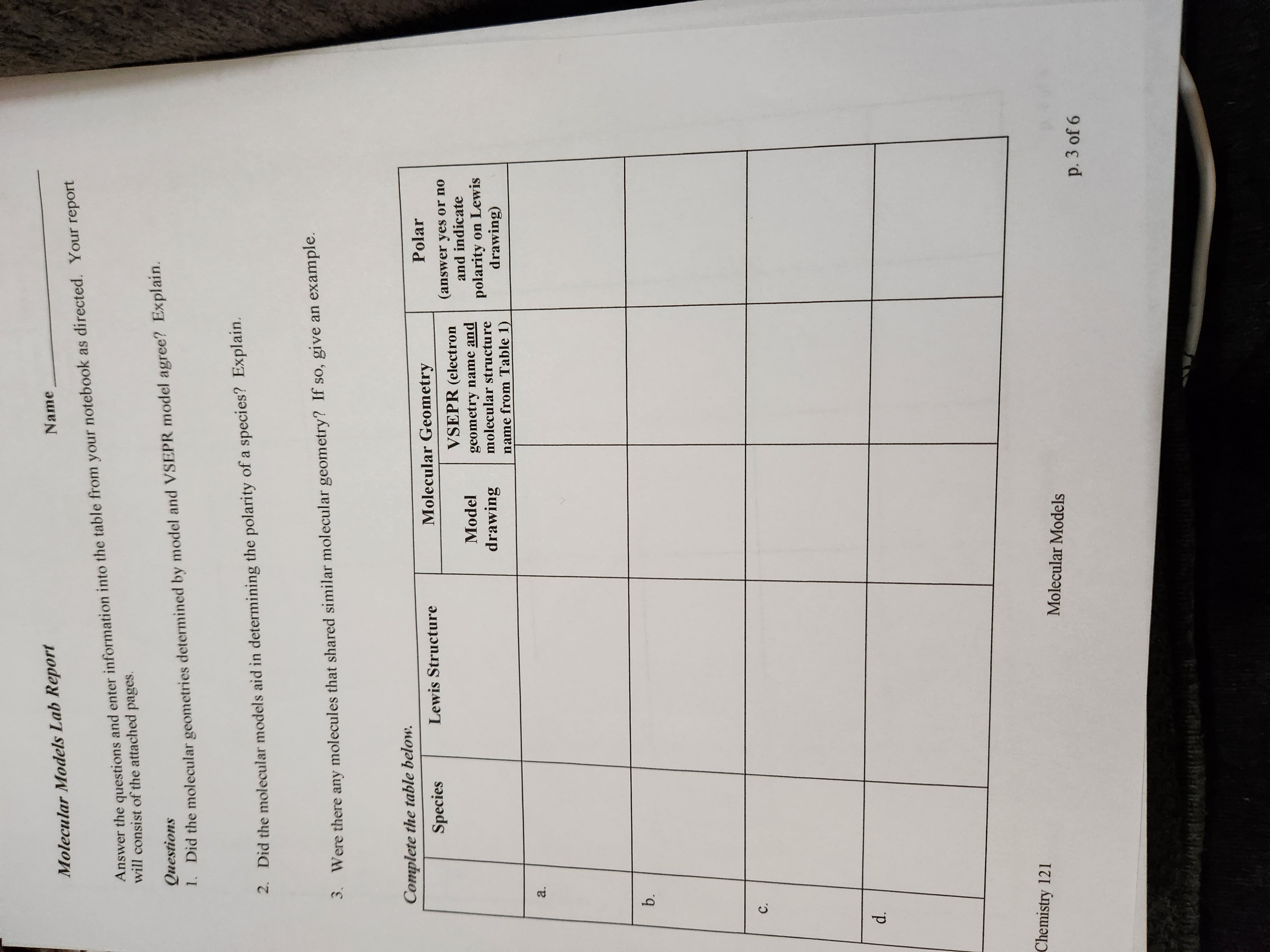 Solved Molecular Models Lab ReportNameAnswer the questions | Chegg.com