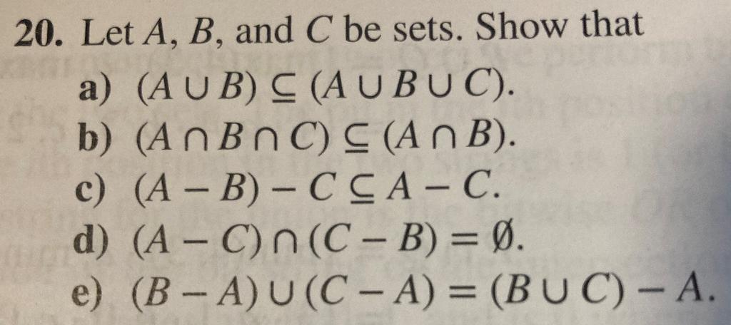 Solved 20. Let A, B, and C be sets. Show that a) (AUB) C | Chegg.com