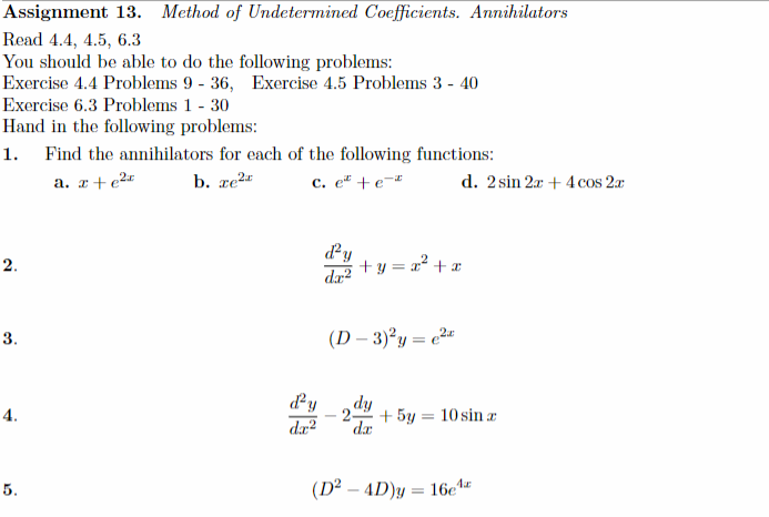 Solved Assignment 13. Method of Undetermined Coefficients. | Chegg.com