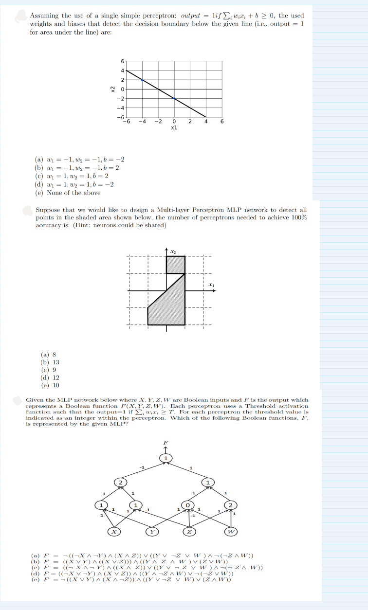 Solved Assuming the use of a single simple perceptron: | Chegg.com
