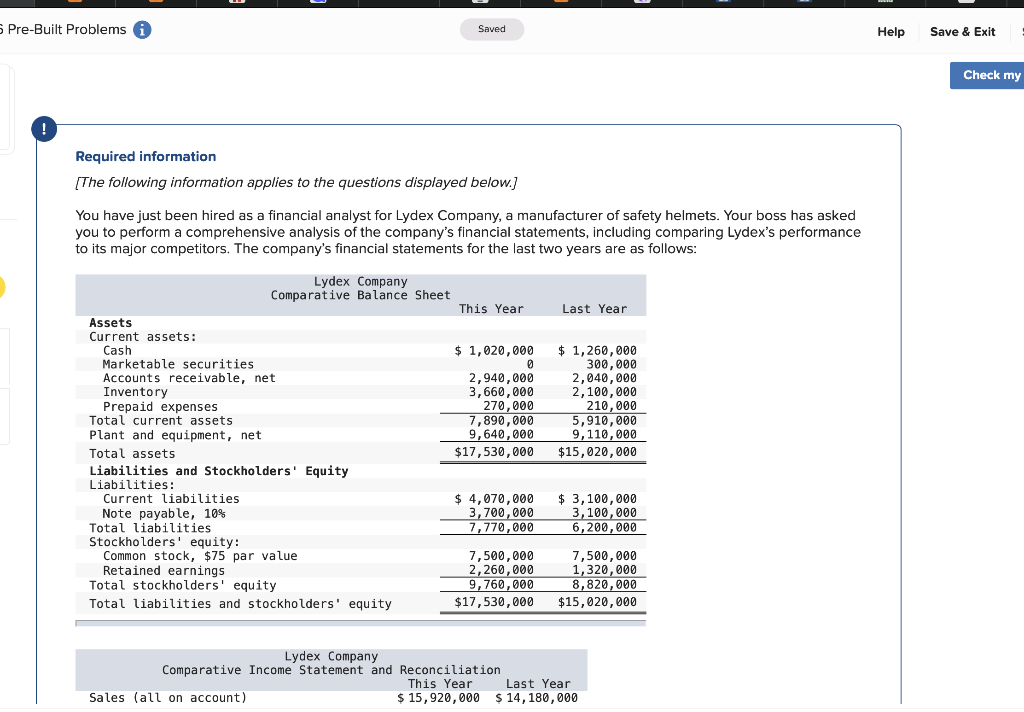 Solved Pre-Built Problems Saved Help Save & Exit Check my | Chegg.com