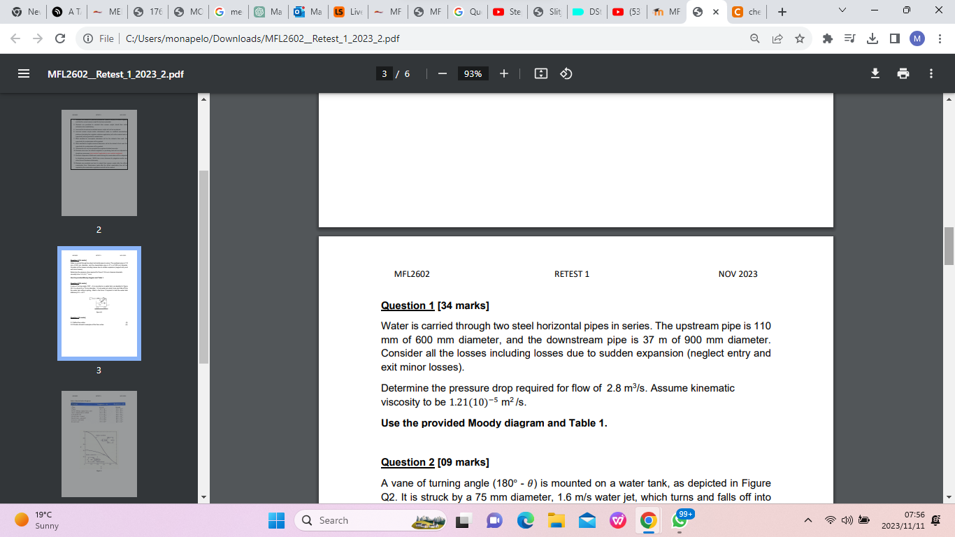 Solved Question 1 [34 ﻿marks]Water is carried through two | Chegg.com