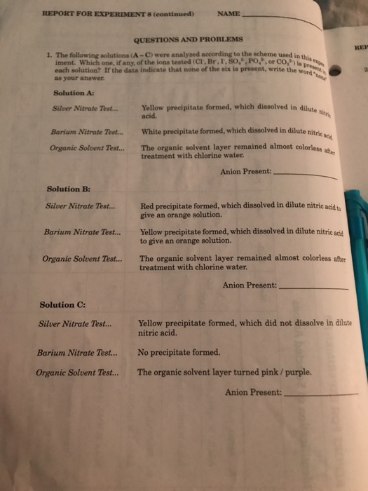 Solved REPORT FOR EXPERIMENT 8 (continued) NAME QUESTIONS | Chegg.com