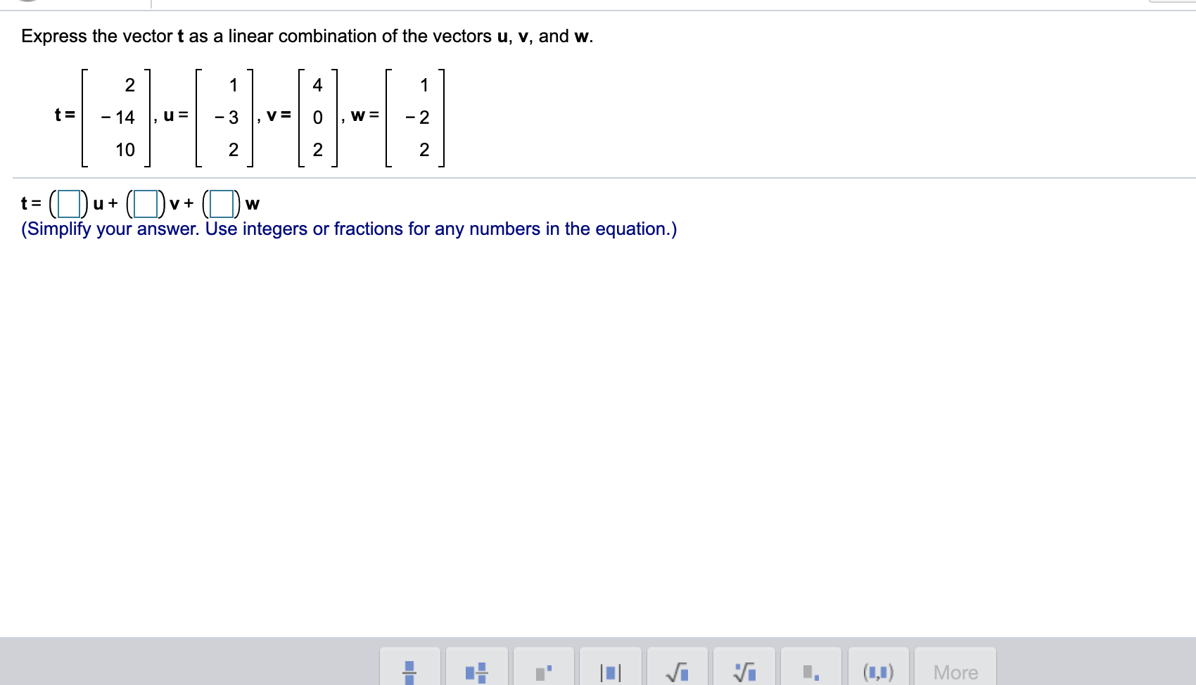Solved Express the vector t as a linear combination of the | Chegg.com