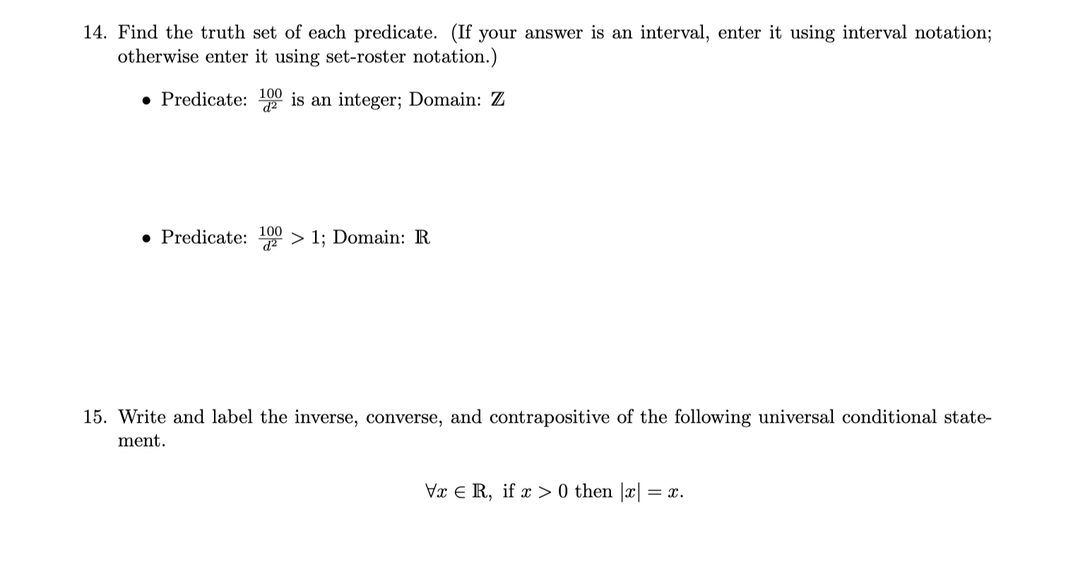 Solved 14. Find the truth set of each predicate. (If your | Chegg.com