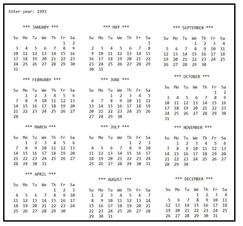 Solved Write a C++ function to print the calendar of a given | Chegg.com