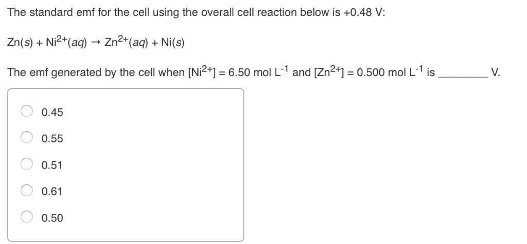 Solved The standard emf for the cell using the overall cell | Chegg.com