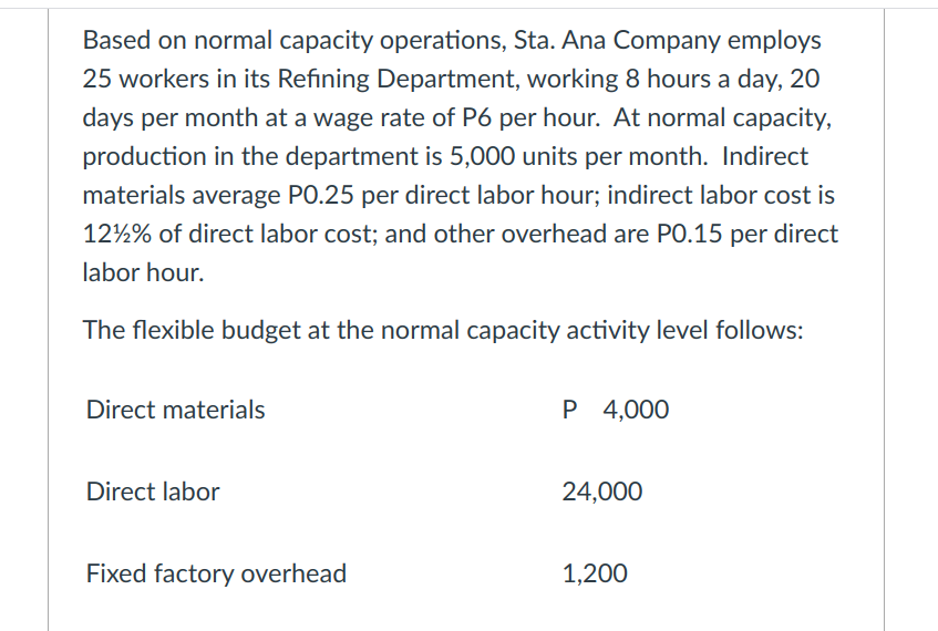 Solved Based on normal capacity operations, Sta. Ana Company | Chegg.com