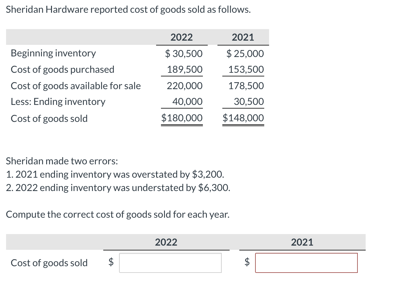 Solved Sheridan Hardware Reported Cost Of Goods Sold As Chegg