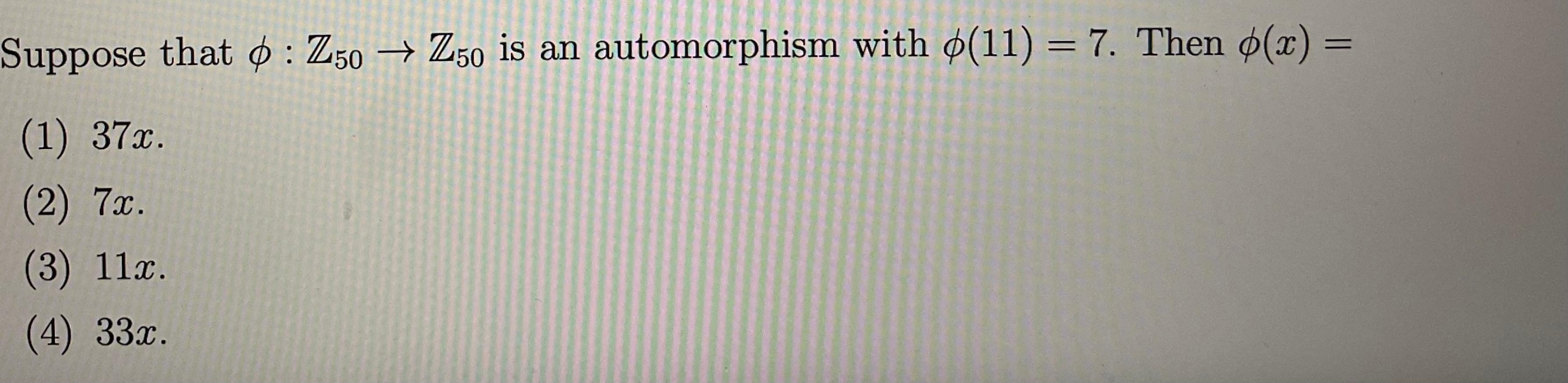 Solved The automorphism group Aut(Z12) is isomorphic to (1) | Chegg.com