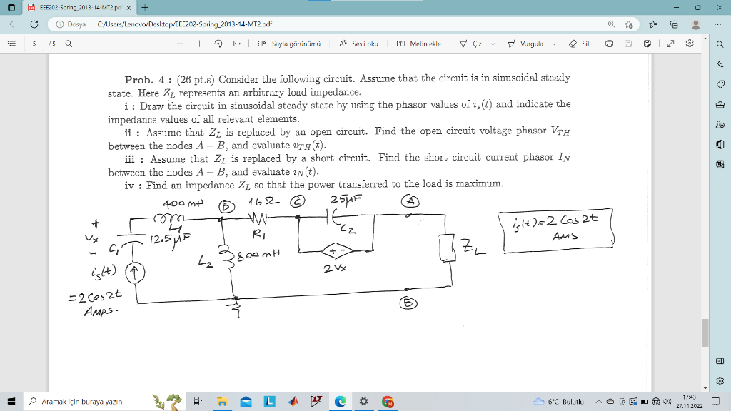 Solved Prob. 4 : (26 pt.s) Consider the following circuit. | Chegg.com