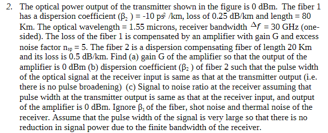 Solved 2. The optical power output of the transmitter shown | Chegg.com