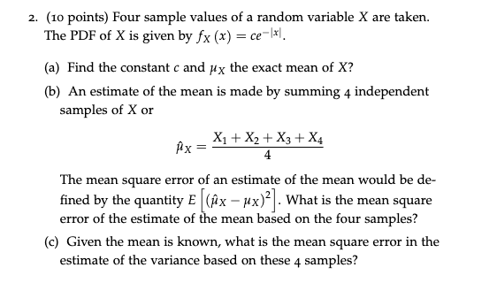 Solved 2. (1o points) Four sample values of a random | Chegg.com