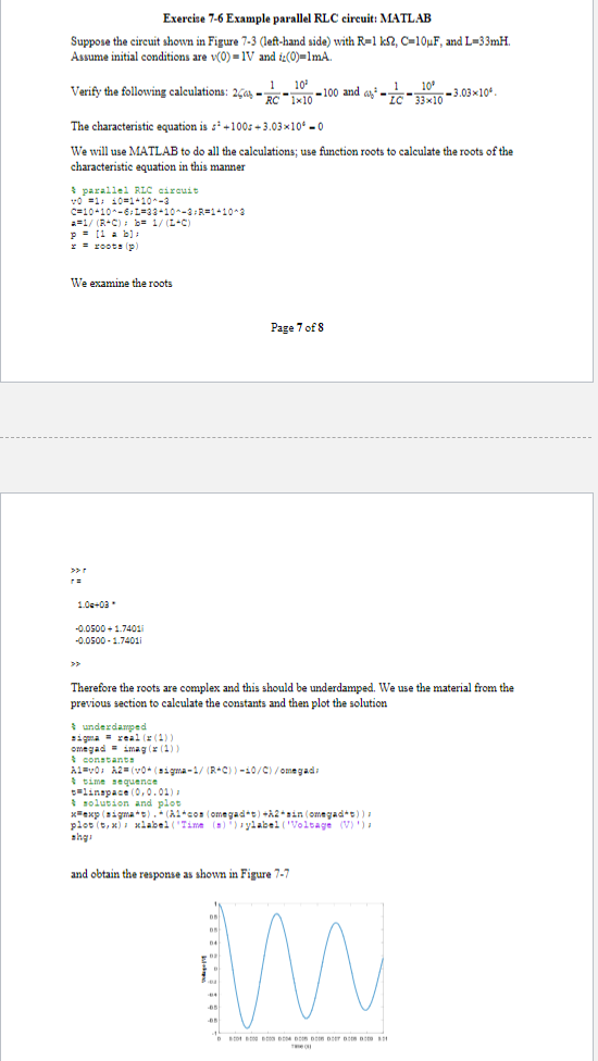 Exercise 7-6 Example parallel RLC circuit: MATLAB | Chegg.com