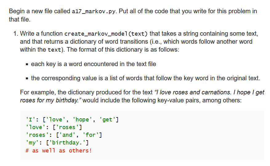 Solved egin a new file called a17_markov.py. Put all of the | Chegg.com