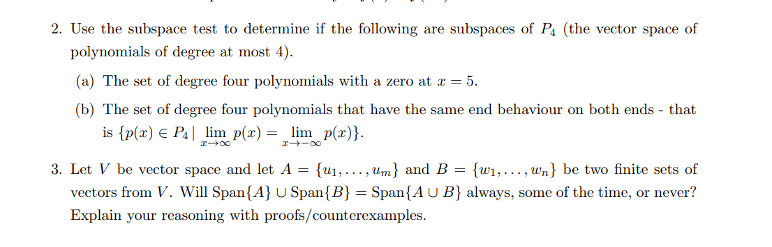 Solved 2. Use the subspace test to determine if the | Chegg.com