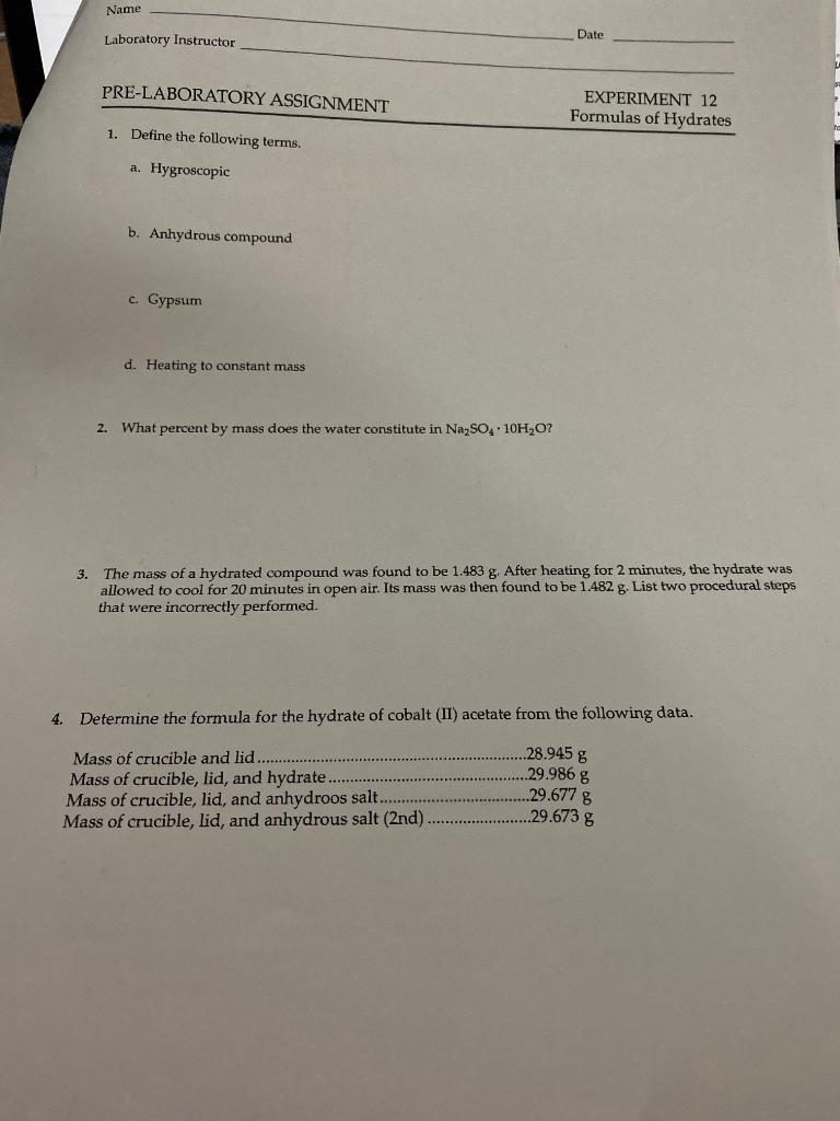 Solved Name Date Laboratory Instructor PRE-LABORATORY | Chegg.com