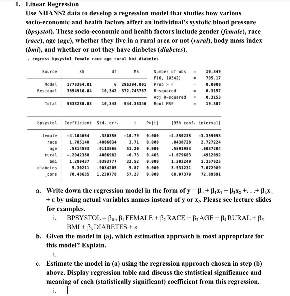Solved 1. Linear Regression Use NHANS2 data to develop a | Chegg.com