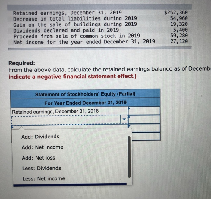 Solved Retained earnings, December 31, 2019 Decrease in | Chegg.com