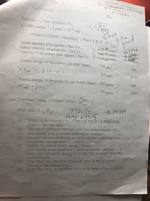 Solved Calculation Calculate vo from equation (8) g 980 | Chegg.com