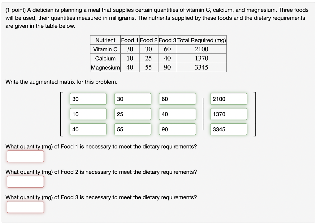 Solved A dietician is planning a meal that supplies certain | Chegg.com