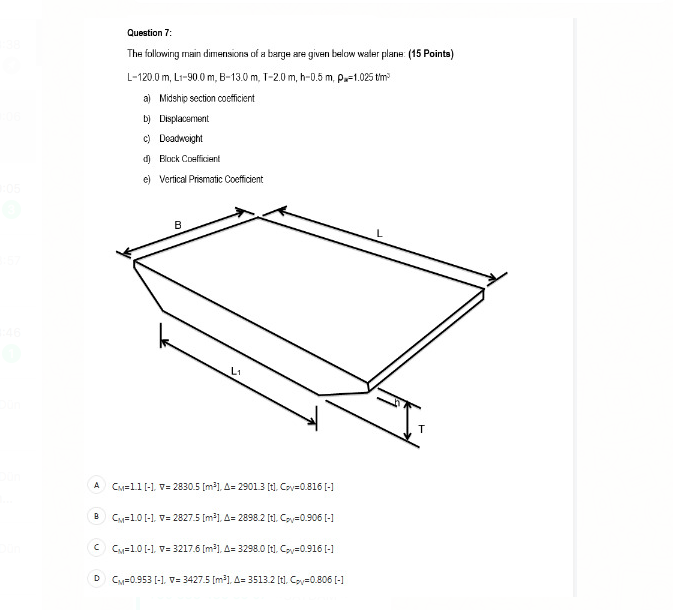 Solved Question 7: The following main dimensions of a barge | Chegg.com