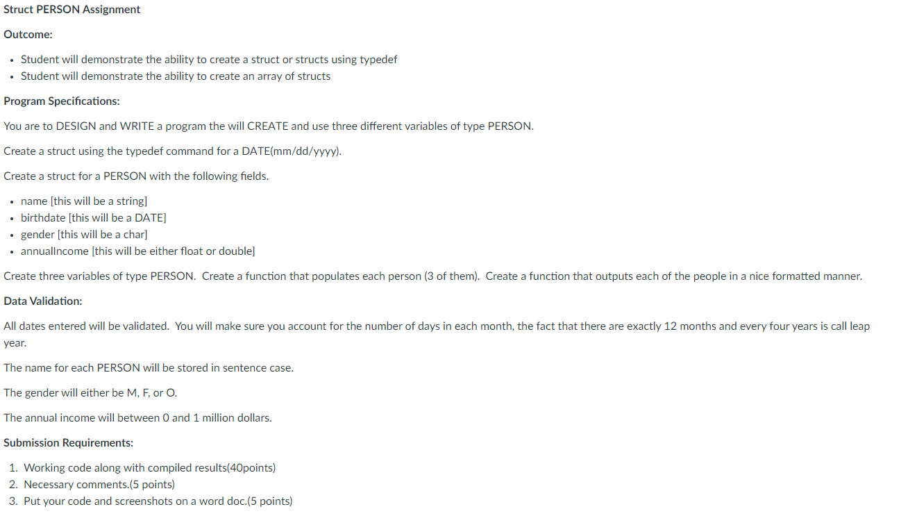 Solved Struct PERSON Assignment Outcome: - Student will | Chegg.com