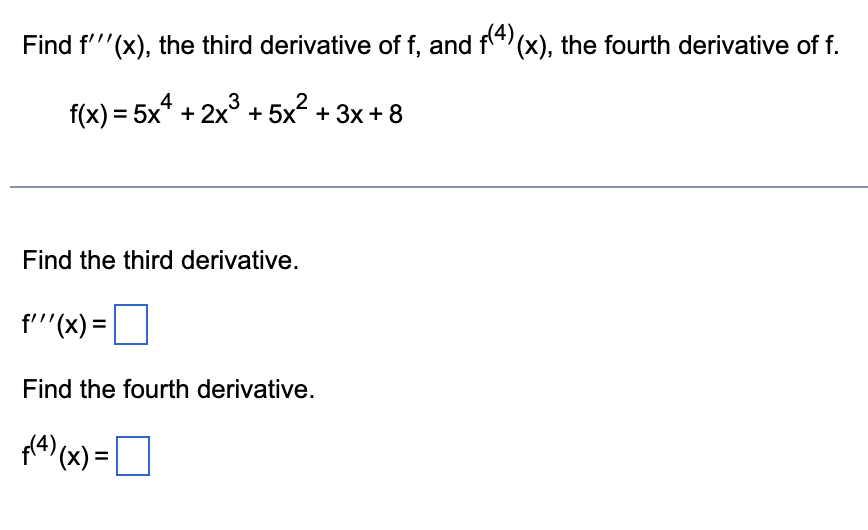 Solved Find f′′′(x), the third derivative of f, and f(4)(x), | Chegg.com