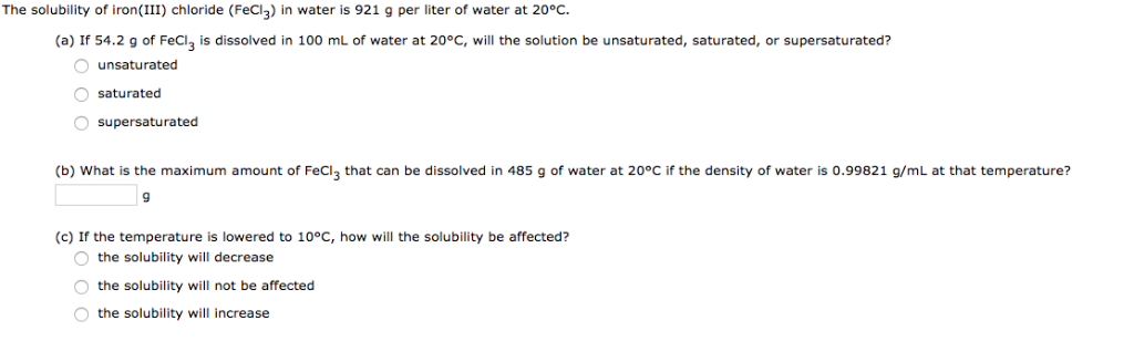 Solved The solubility of iron(III) chloride (FeCl3) in water | Chegg.com