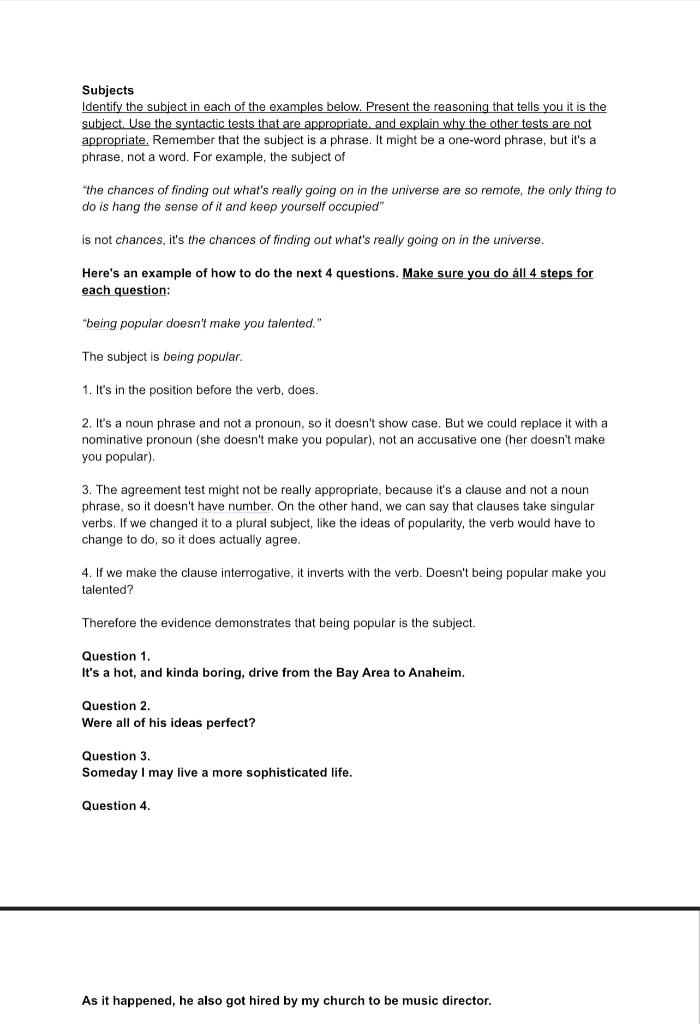 Subjects Identify the subject in each of the examples | Chegg.com