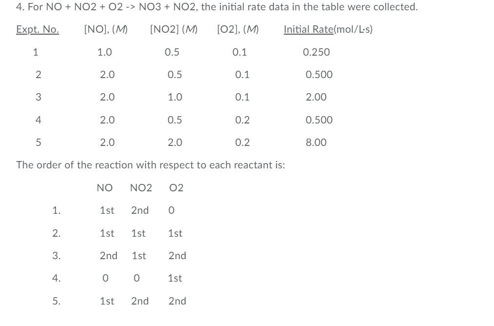 Solved 4. For NONO2 + O2->NO3 + NO2, the initial rate data | Chegg.com