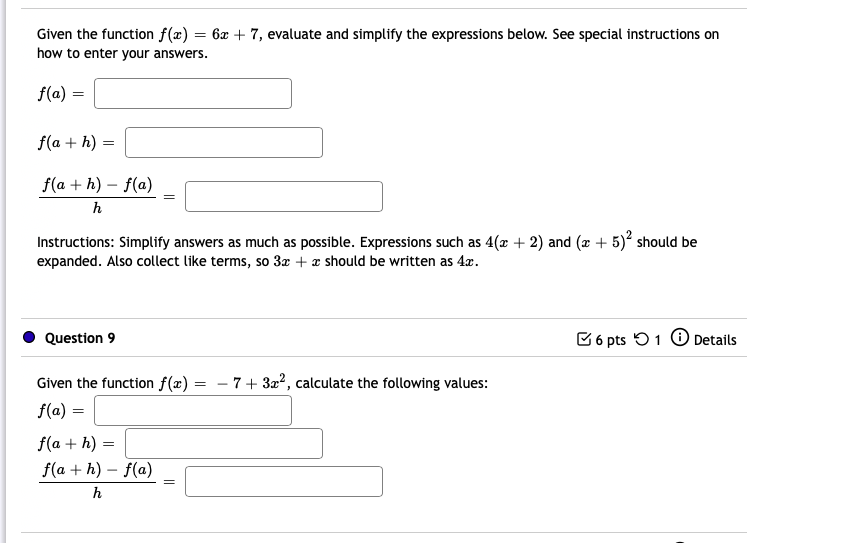 Solved Given the function f(x) = 6x + 7, evaluate and | Chegg.com