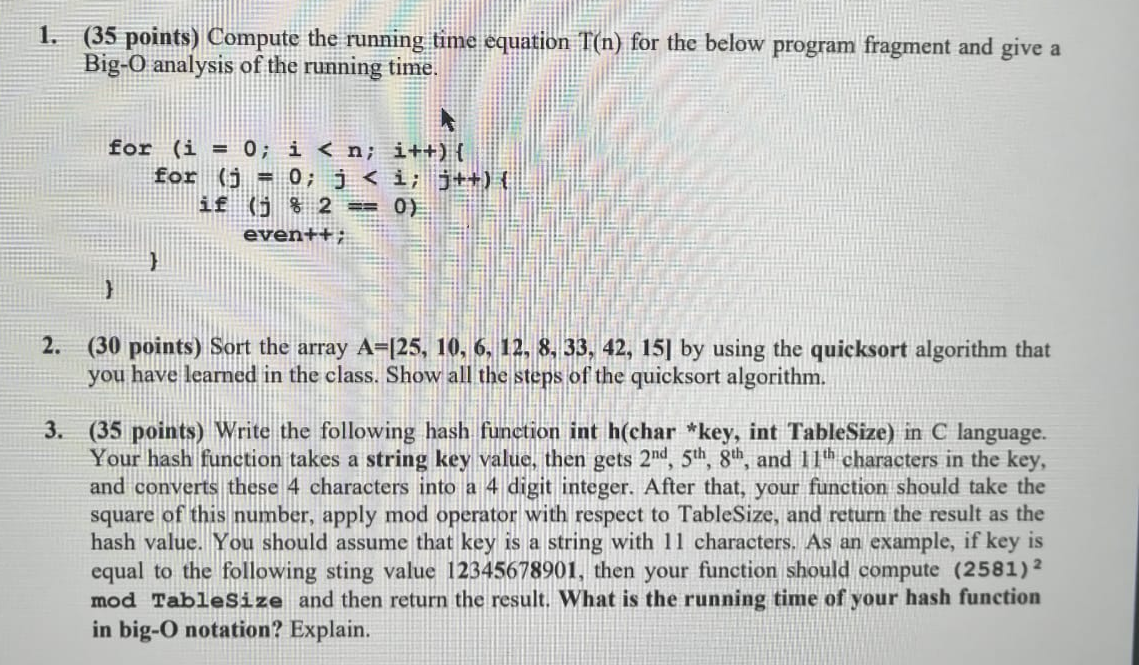 Solved 1. (35 points) Compute the running time equation | Chegg.com