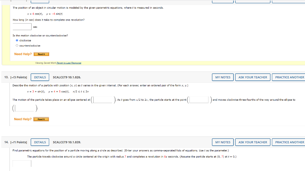 Solved The Position Of An Object In Circular Motion Is