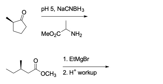 Solved pH 5, NaCNBH3 MeO2C NH2 1. EtMgBr OCHz 2. H* workup | Chegg.com