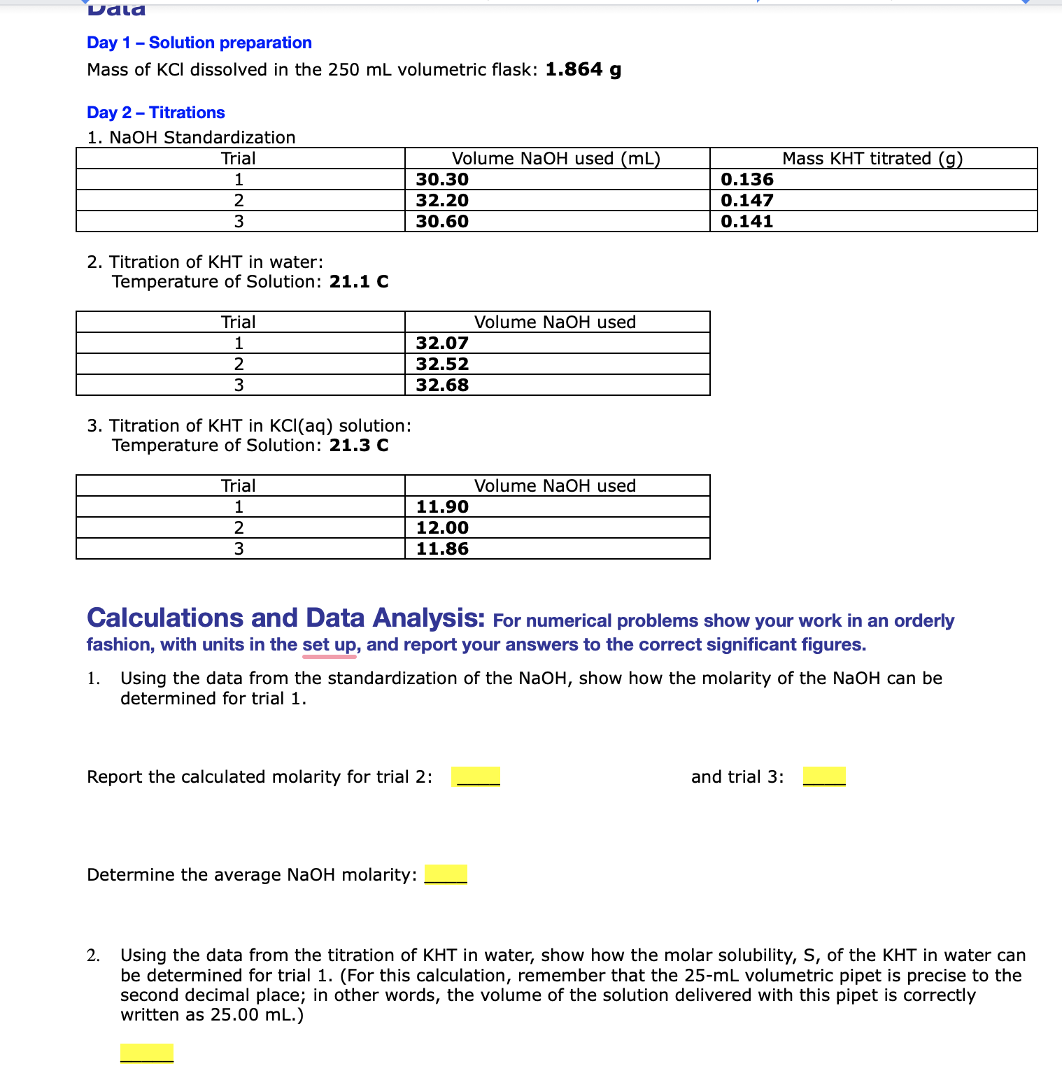 Solved Vala Day 1 - Solution preparation Mass of KCl | Chegg.com
