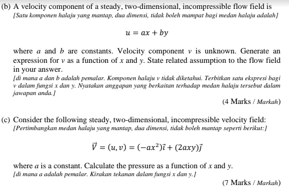 Solved (b) A velocity component of a steady, | Chegg.com