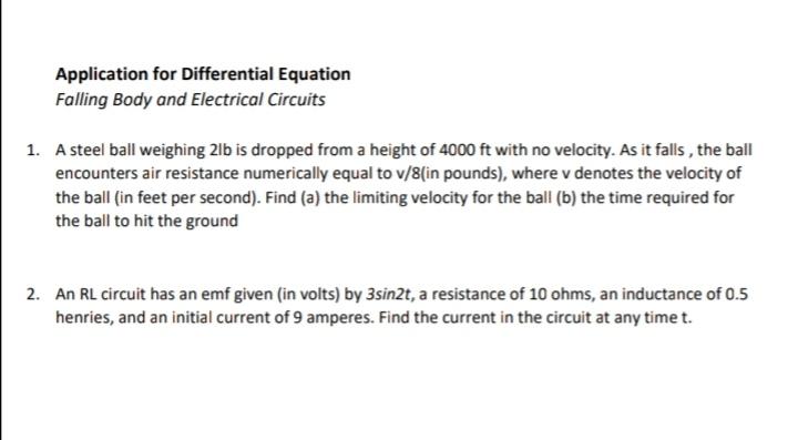 Solved Application for Differential Equation Falling Body | Chegg.com