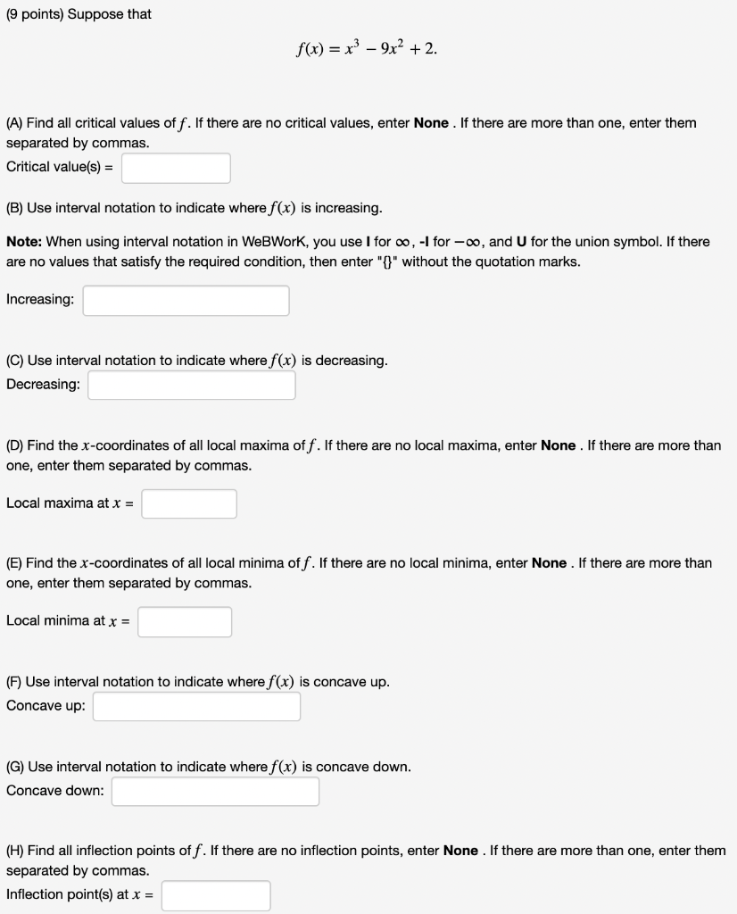 Solved (9 points) Suppose that f(x) = x3 – 9x2 + 2. (A) Find | Chegg.com