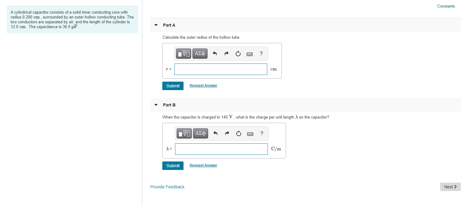 Solved Constant Constants A cylindrical capacitor consists | Chegg.com
