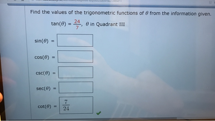 Solved Find the values of the trigonometric functions of 0 | Chegg.com