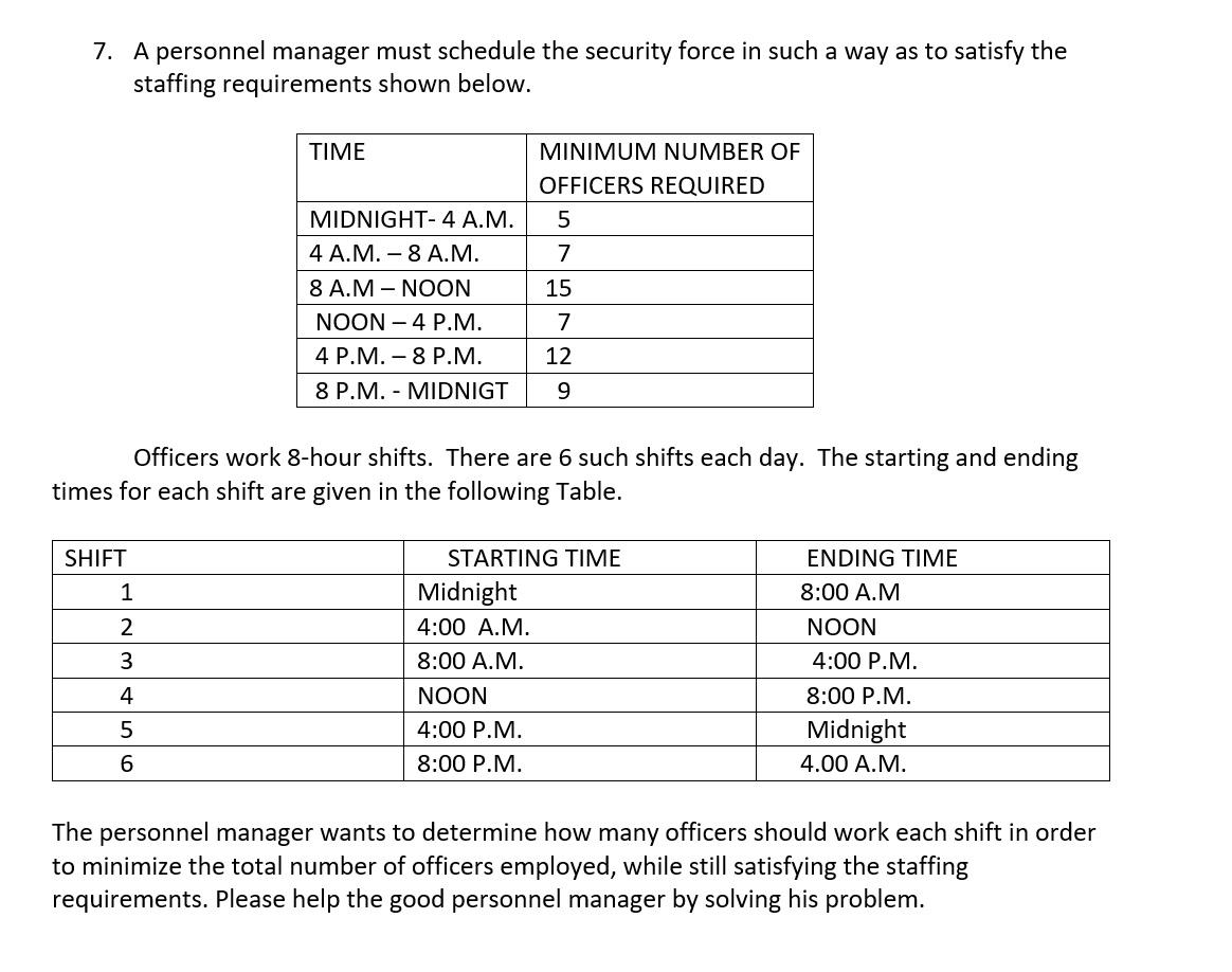 Solved 7. A personnel manager must schedule the security | Chegg.com