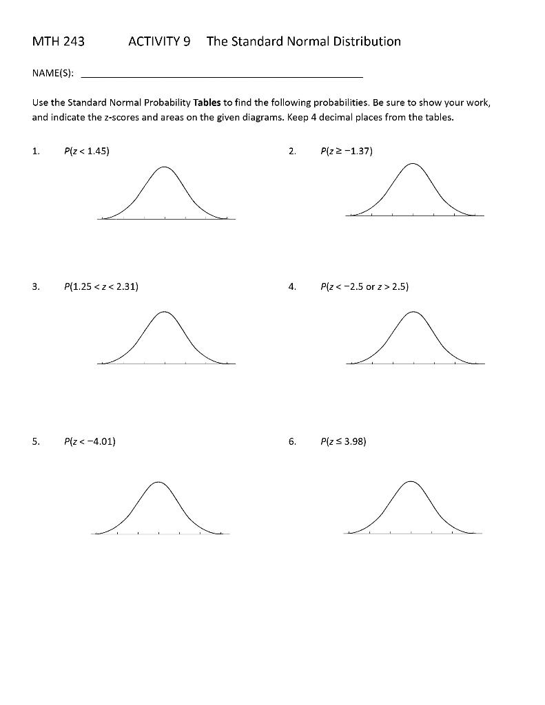 Solved MTH 243 ACTIVITY 9 The Standard Normal Distribution | Chegg.com
