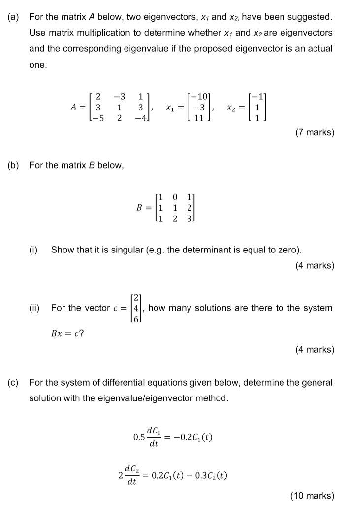 Solved (a) For the matrix A below, two eigenvectors, X₁ and | Chegg.com